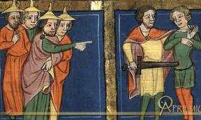 Miniature depicting Ehud murdering King Eglon by Rudolf von Ems ...